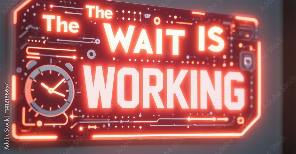 Bright neon sign displays message wait is working. Clock graphic ...