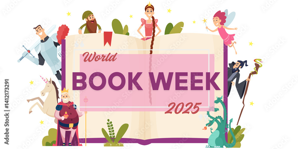 book week 2025 logo; simple sign with fairy tale characters; cute ...