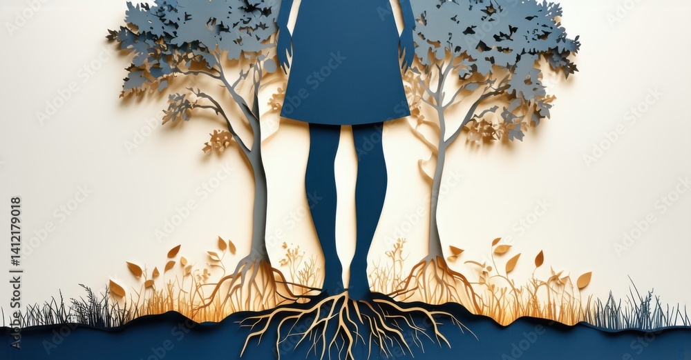 Paper cutout of person whose legs dissolve into tree roots spreading ...