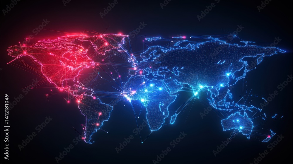 World Map with Red and Blue Glowing Networks: Fiber-Optic Lines and Pulsing Data Flow Lights ...
