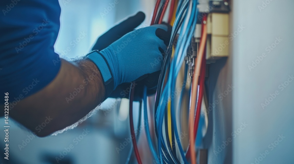 Electrician running wires through conduit in a home office. Featuring ...