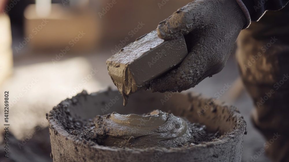 Mason mixing mortar for bricklaying in a new building project ...