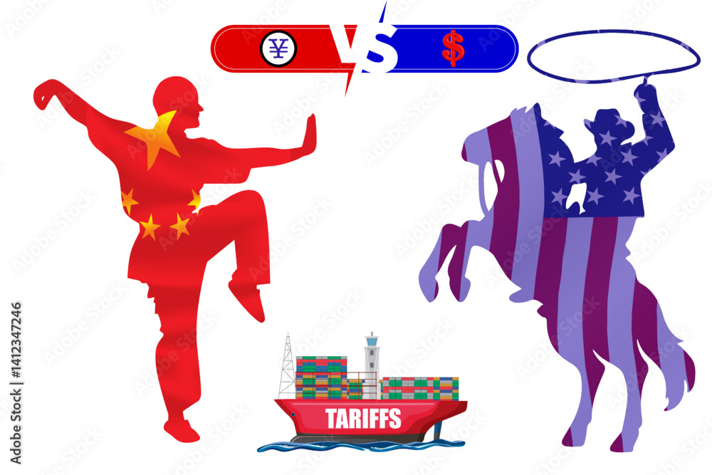 Vector illustration of China vs USA trade war with symbolic figures ...
