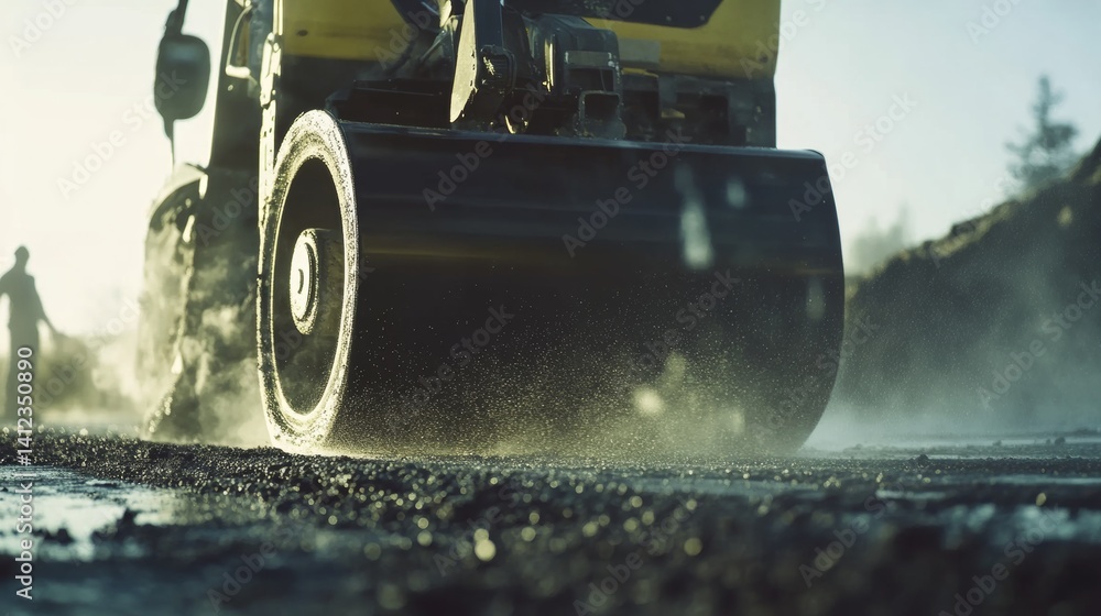 Asphalt paver operating a compaction roller on a road project ...