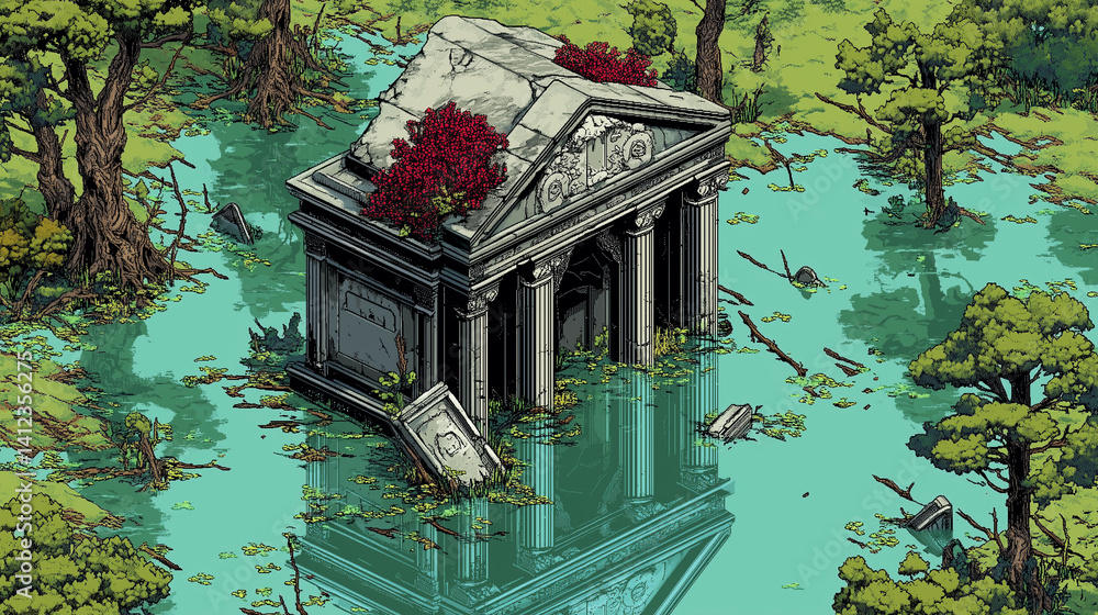 Sunken Mausoleum - A cemetery slowly sinking into the bog, tombstones ...