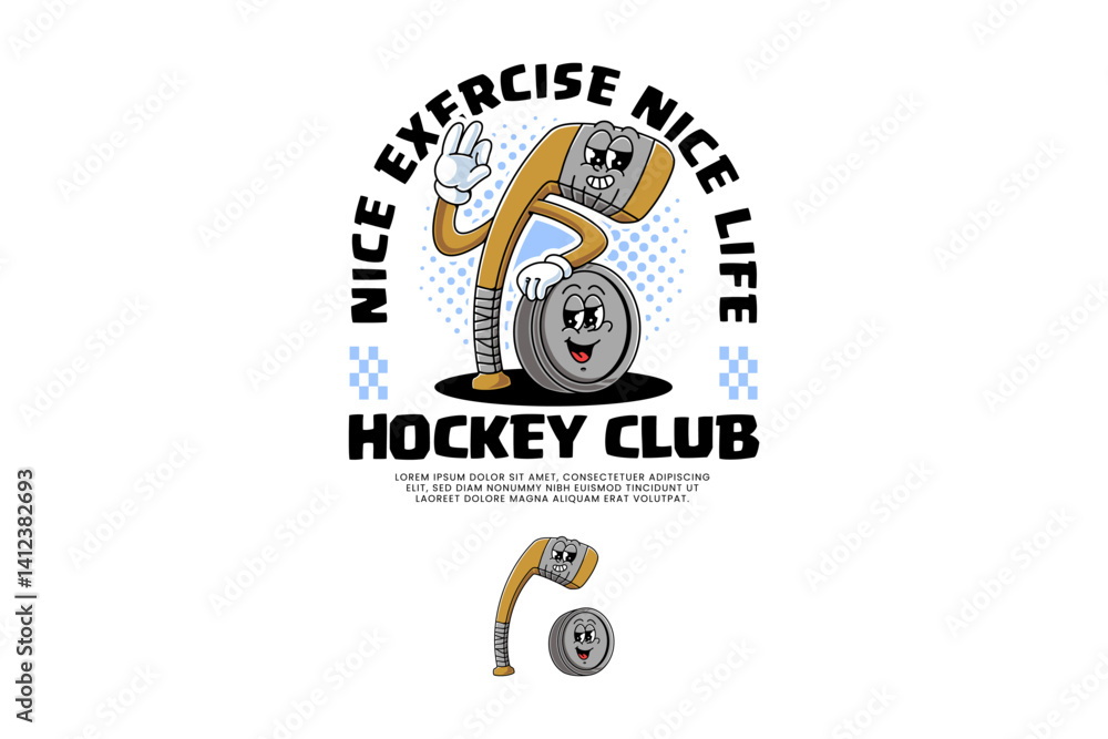 hockey stick and puck retro cartoon character mascot illustration with ...
