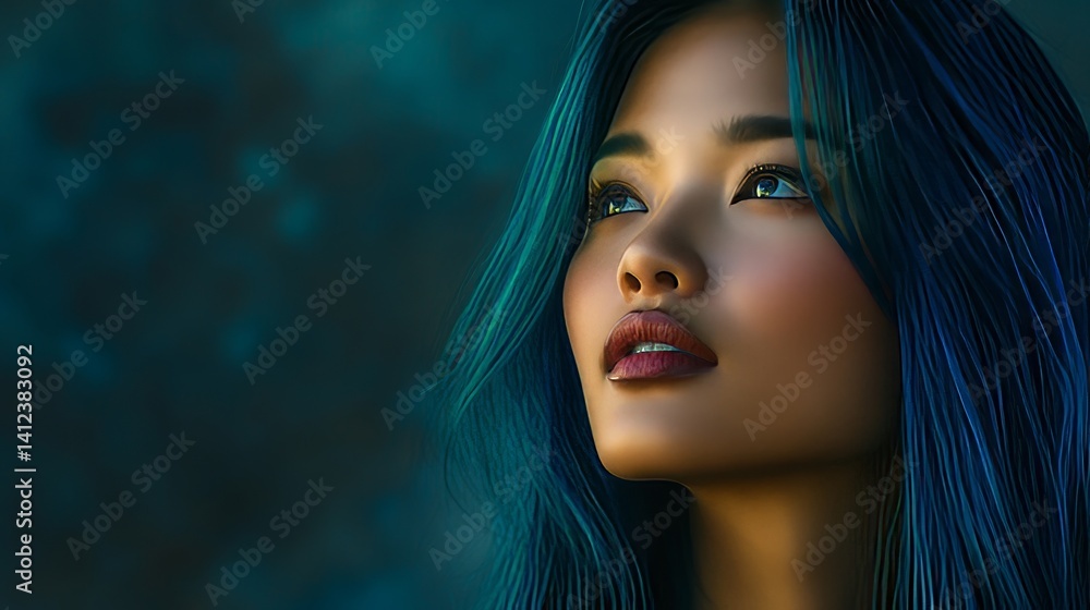 Image of a beautiful woman with long blue hair in a bust-up pose on a ...