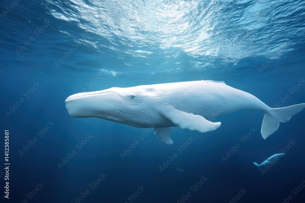 Marine life blue whale swimming in underwater scene with blue tones and ...