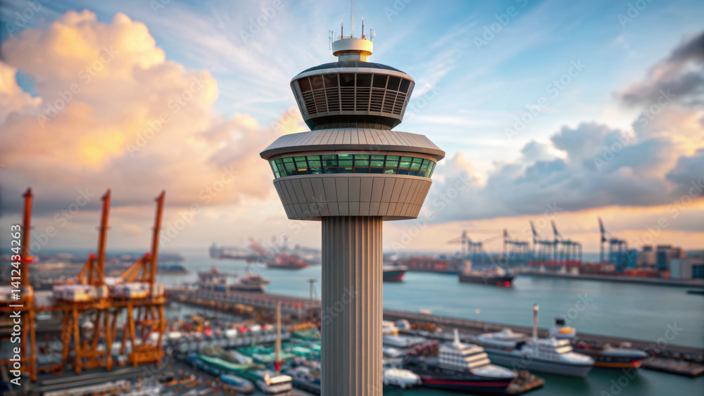 cargo port features towering control tower overseeing bustling activity ...