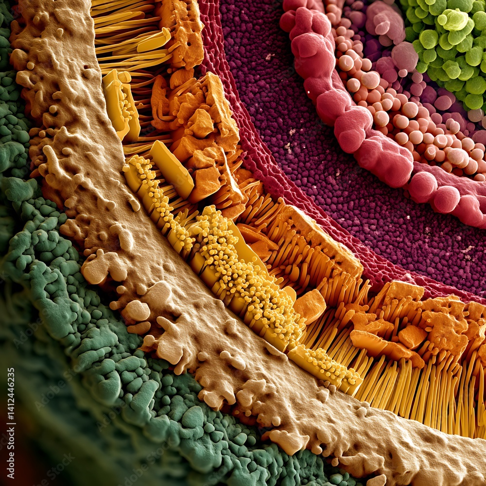 zoomed-in view of E. coli cell wall and inner structure, medical-grade ...