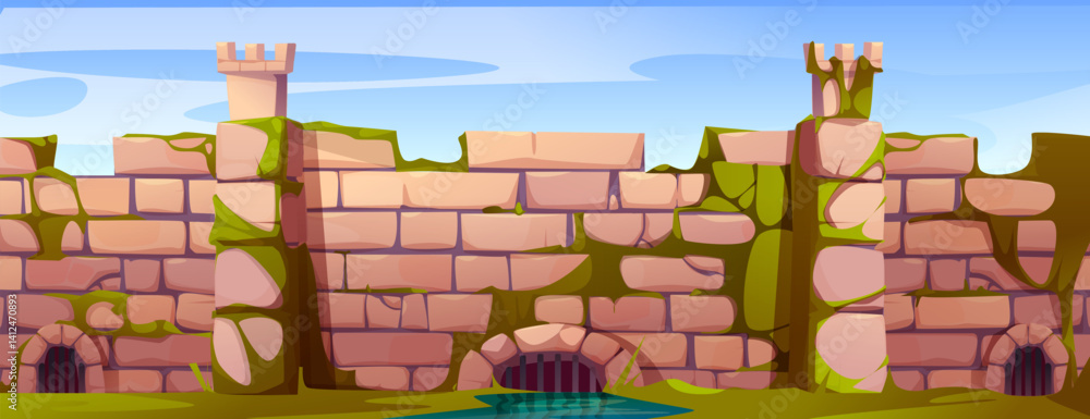 Medieval ancient castle wall with mossy stone brick and fortification ...