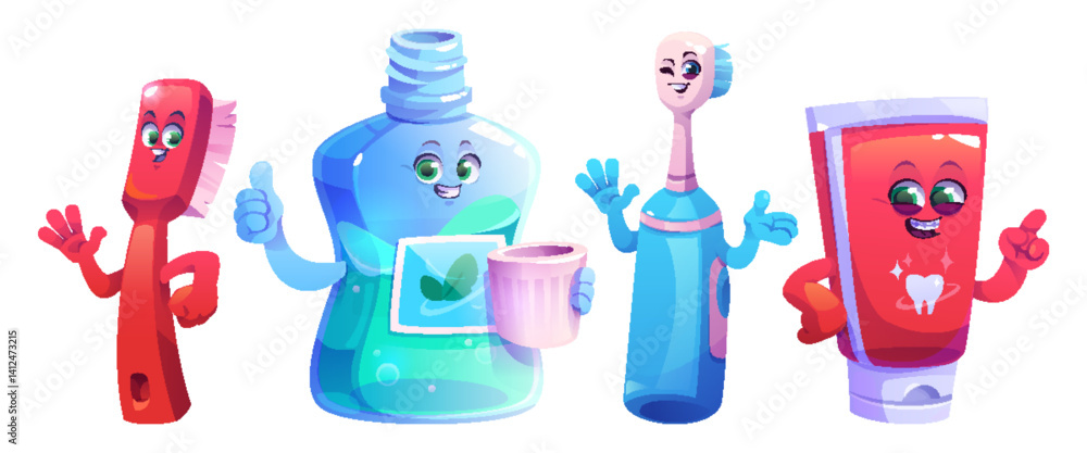 Dental hygiene kid characters set - smiling toothbrush, mouthwash ...