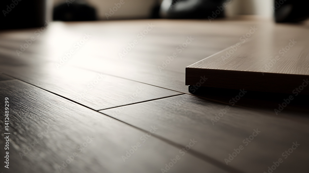 Floor installer adjusting laminate flooring panels with tapping block ...
