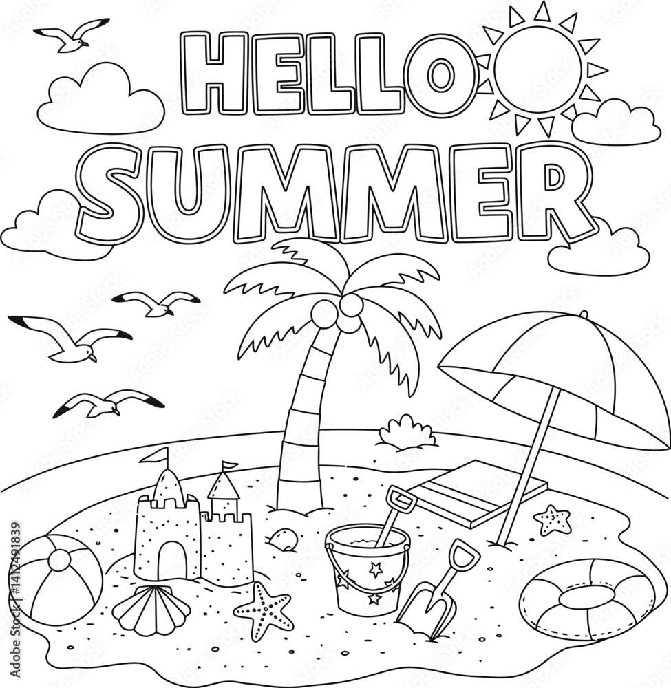 Hello summer coloring page for kids and adults with beach scene and ...