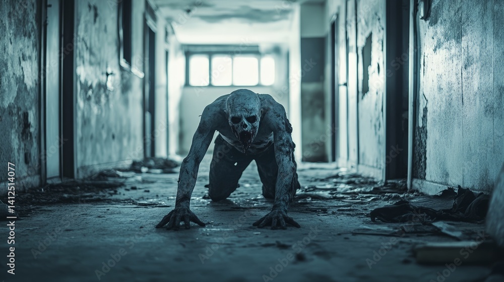 Post apocalyptic scene of a terrifying zombie crawling on all fours in ...