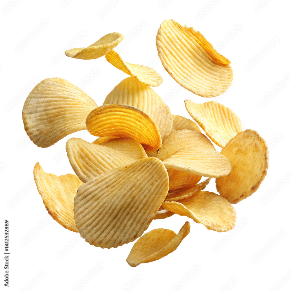 Crispy potato chips falling in mid air with transparent background ...