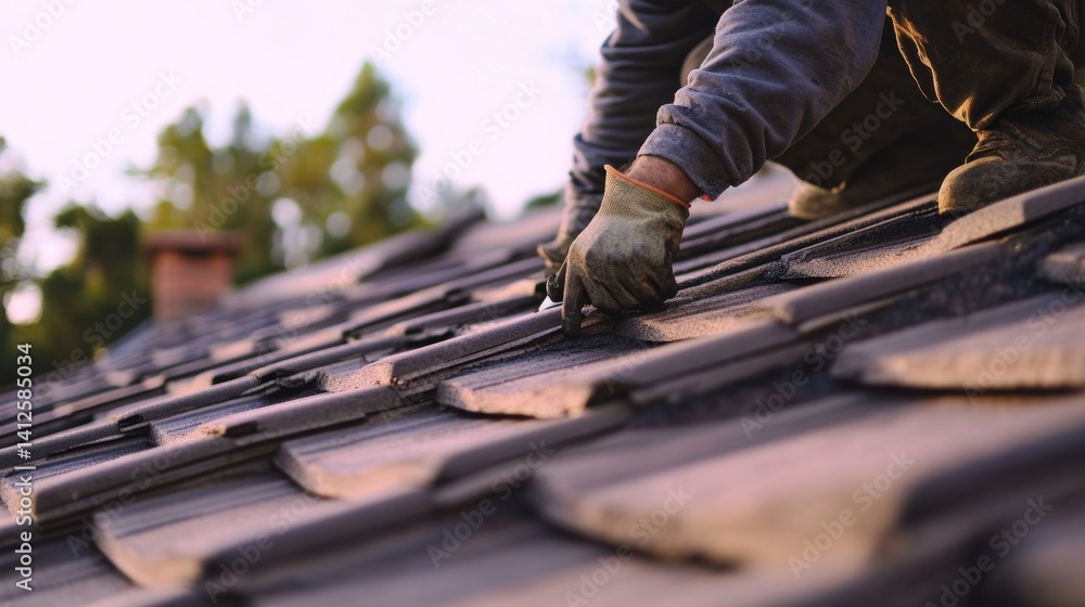 Roofing worker sealing a roof with waterproof material. Featuring ...