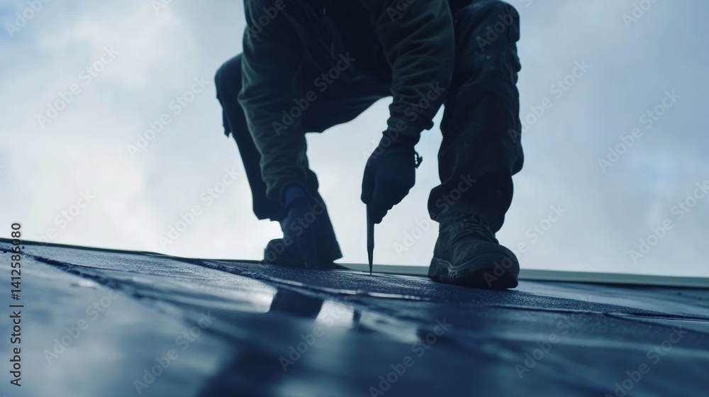 Roofing worker sealing the roof with weatherproof materials. Featuring ...