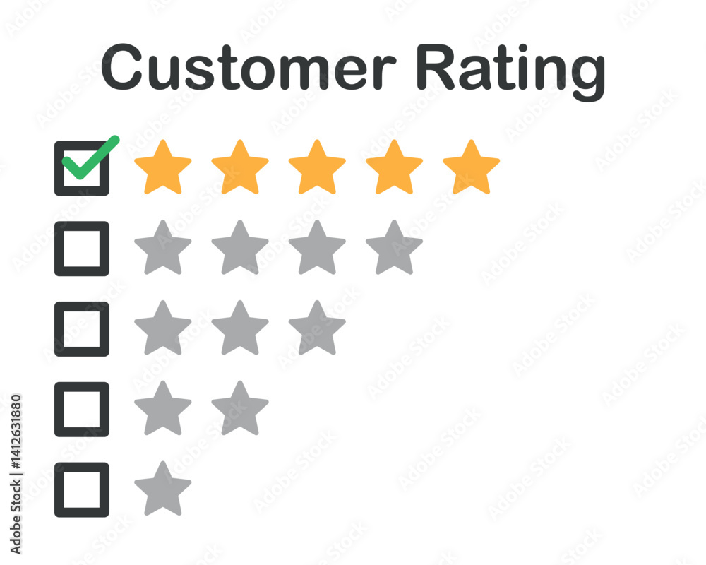 Flat vector illustration of a customer rating system with a checked 5 ...