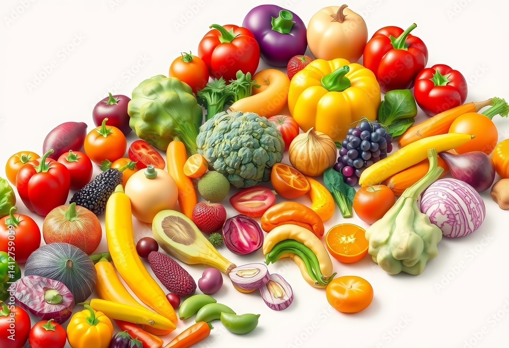 Isometric illustration of rainbow-colored fruits and vegetables ...
