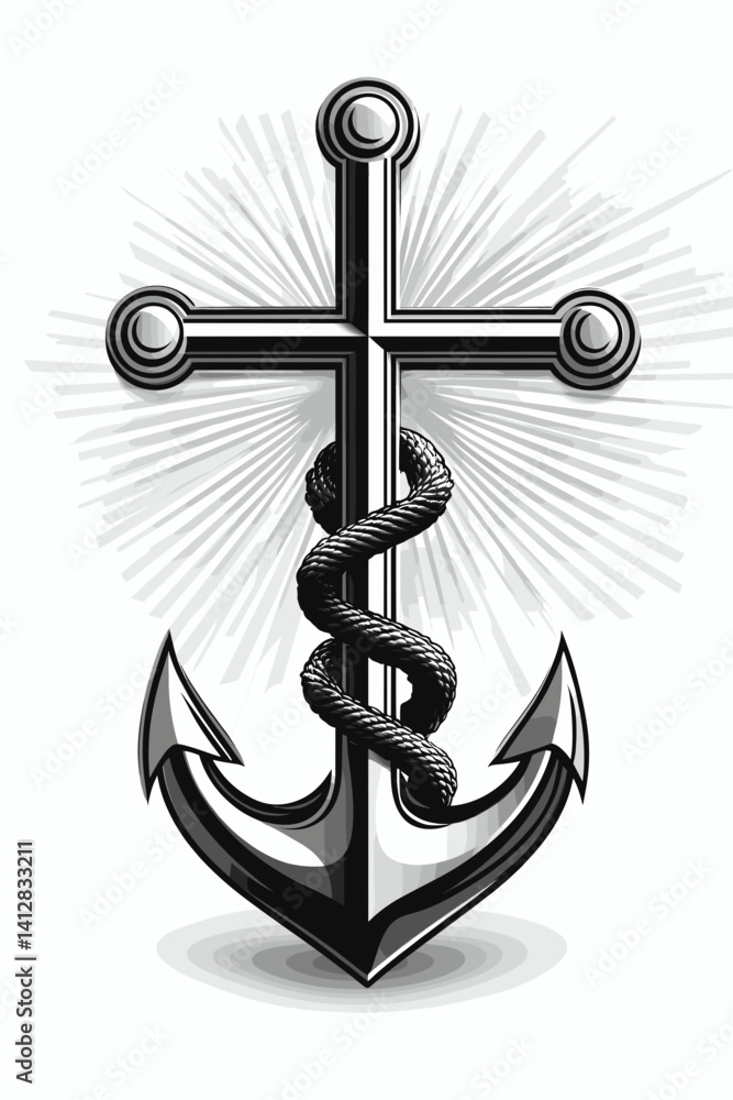 Black and white vector of anchor wrapped in rope and cross, symbol of ...