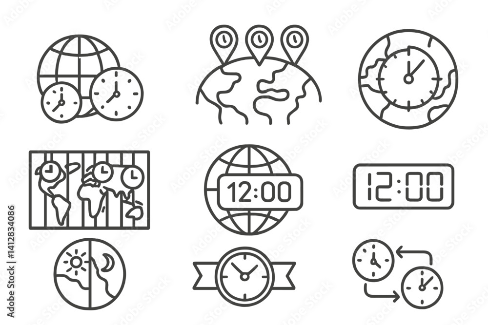 outline vector icons of time zones: globe with clocks, city time pins ...