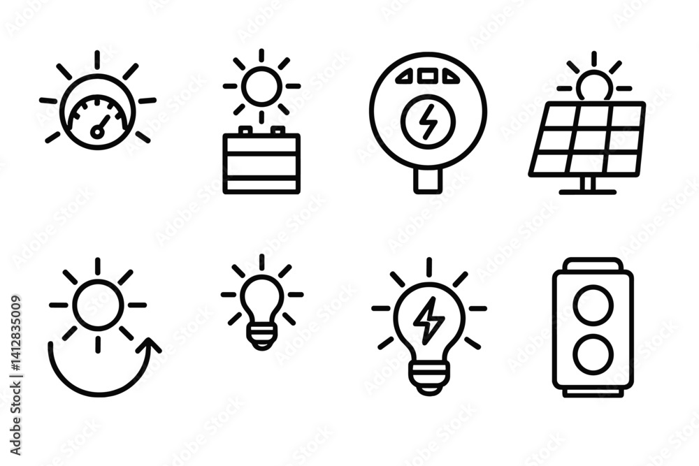 outline vector icons of energy cloud systems: solar sync, grid cloud ...