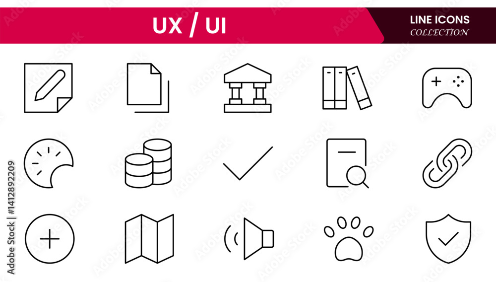 Vector illustration web line icon collection focused on UX/UI design, featuring wireframes, user ...