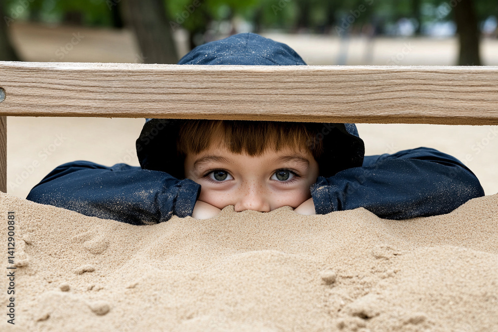 Child enjoys playful moments in the sandbox at the playground during a ...