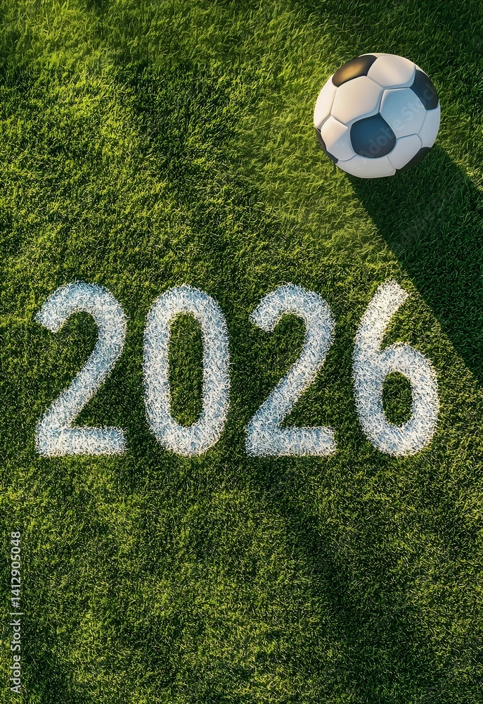 Soccer ball placed on grassy field displaying the year 2026 during a ...