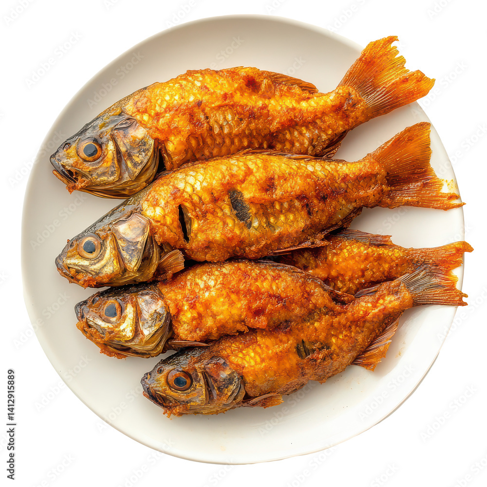 Group of fried koi fish with crispy skin on plate on isolated ...