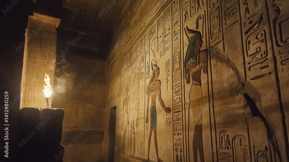 Ancient Egyptian Temple Interior: A solitary torch illuminates the ...