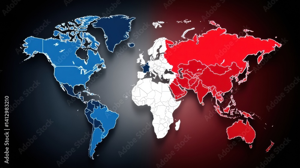 A stylized world map divided into blue and red regions, highlighting ...