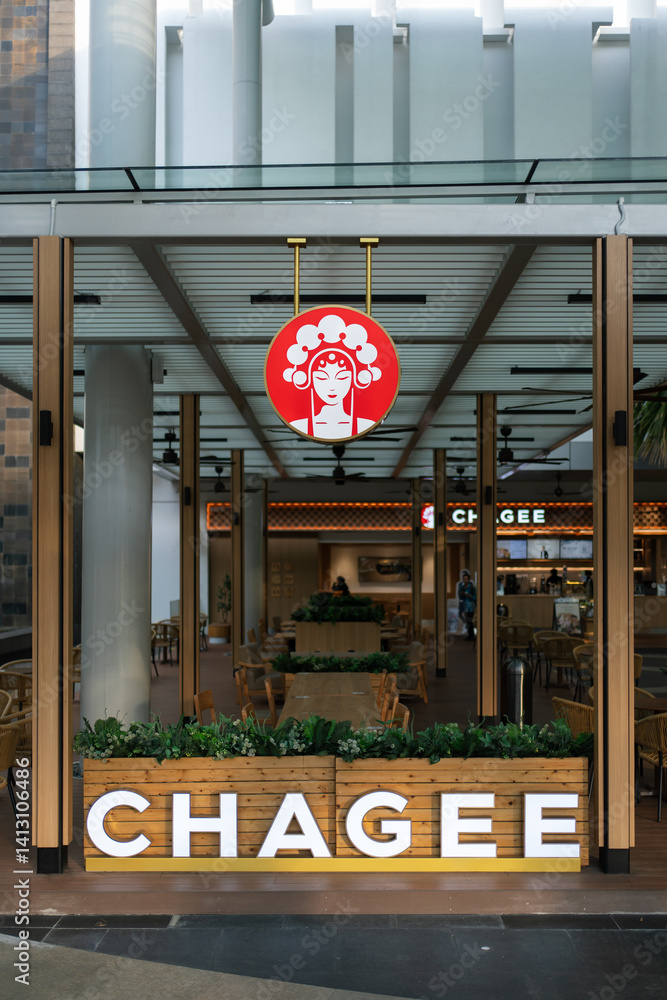 PENANG, MALAYSIA - APR 10, 2025: Chagee milk tea store facade with a ...