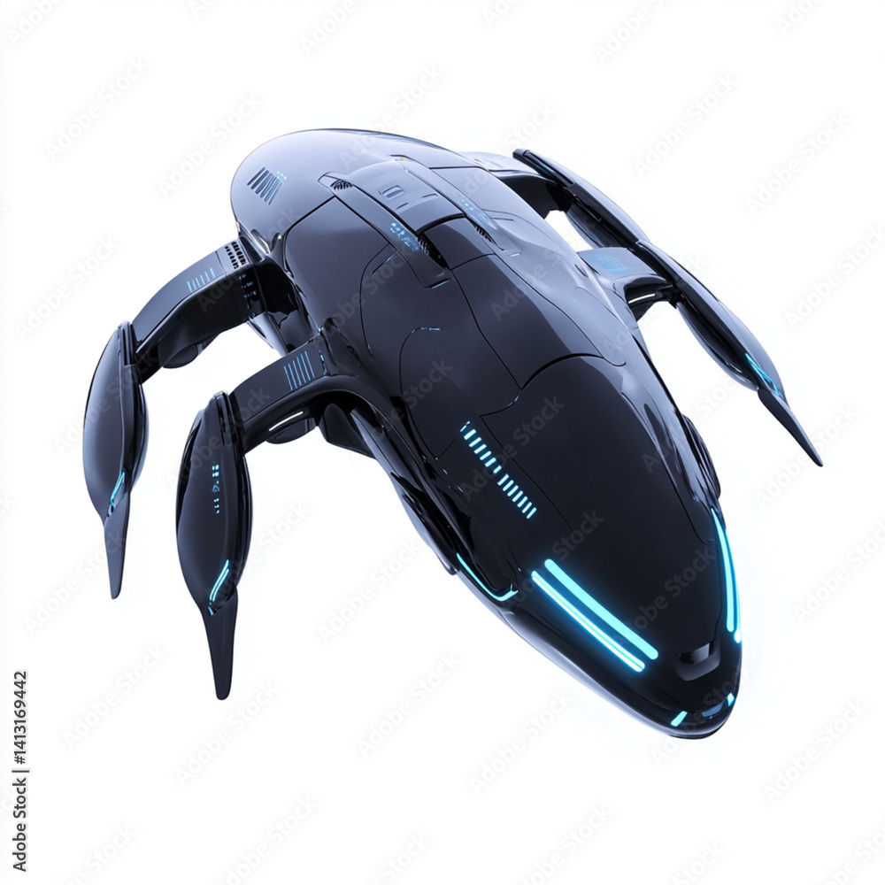 Sleek and streamlined, the futuristic spaceship with its smooth, dark ...