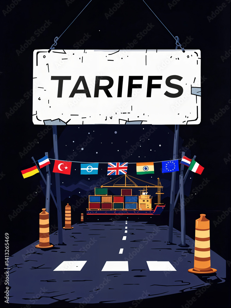 Tariff Barrier: Conceptual image of a road to tariff , a container ship ...