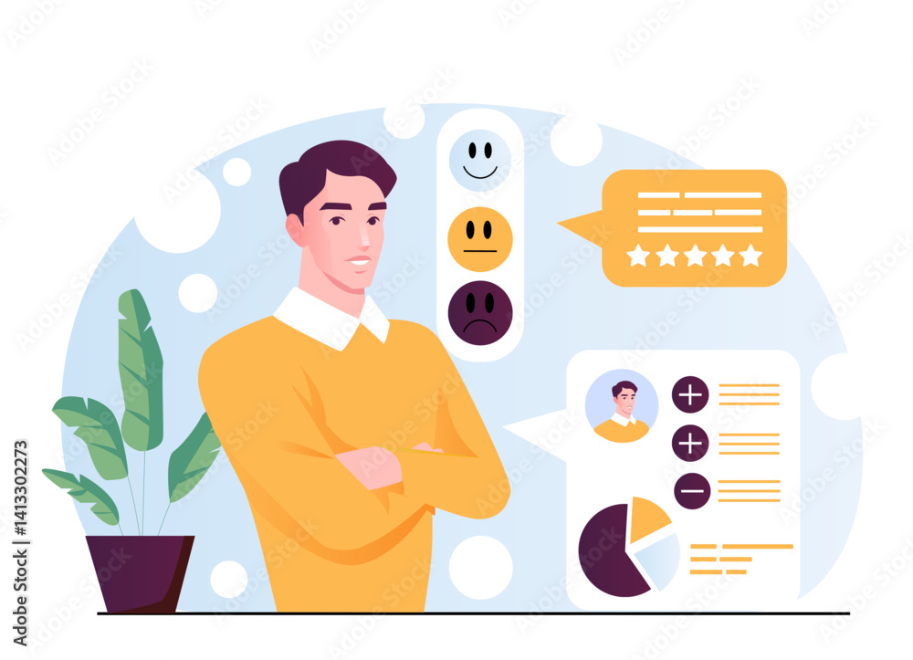 Man receiving performance review with rating icons, speech bubbles, and ...