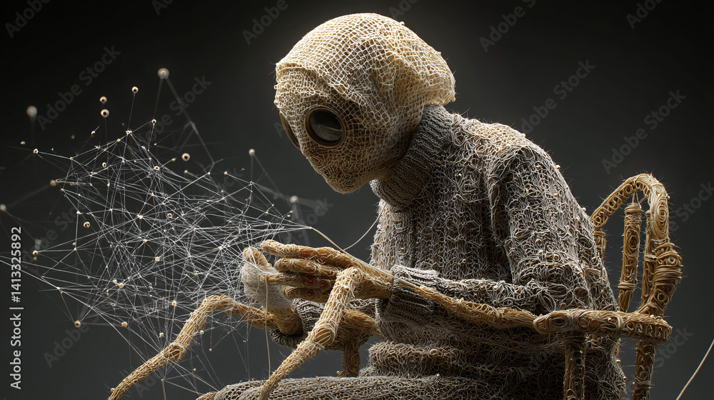 surreal humanoid spider creature with grandmother features knitting ...
