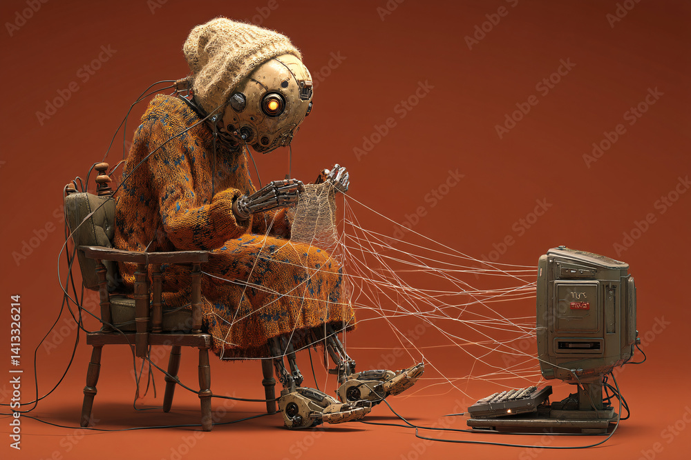 surreal humanoid spider creature with grandmother features knitting ...