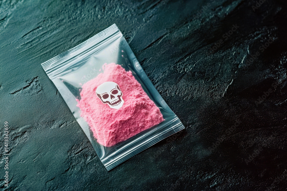 Small plastic bag with white skull symbol and pink powder inside lying ...
