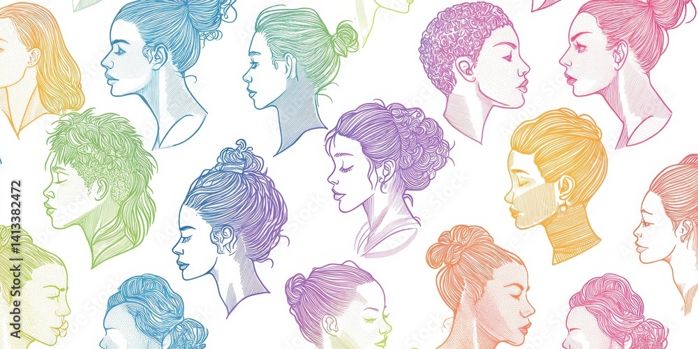 pattern of colorful line drawings of profile silhouettes, each with ...