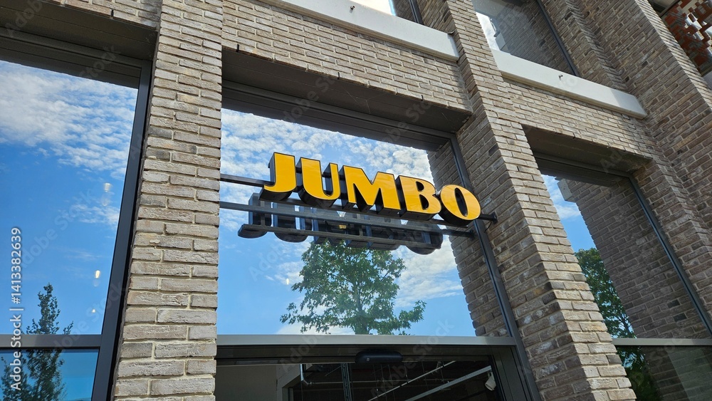 Grocery store Jumbo signs on outside of building. Exterior building ...