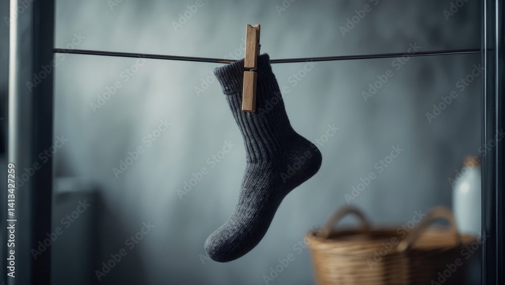Zoomed-in shot of one dark gray men's sock hanging alone on a wire ...