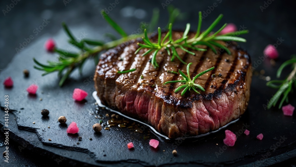 Thick grilled beef steak trimmed of fat for a healthy diet, cooked on a ...