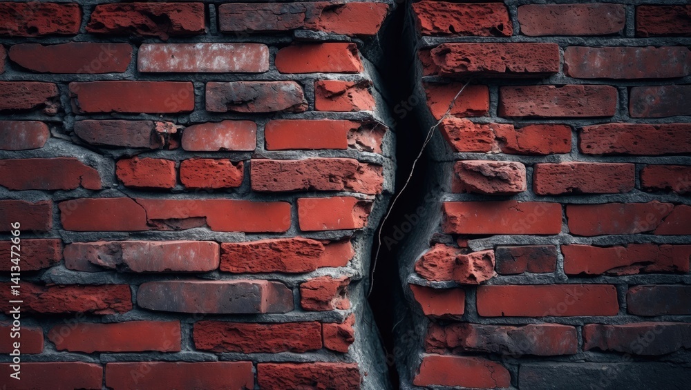 Hazardous aged exposed brick wall exhibiting significant crack from ...