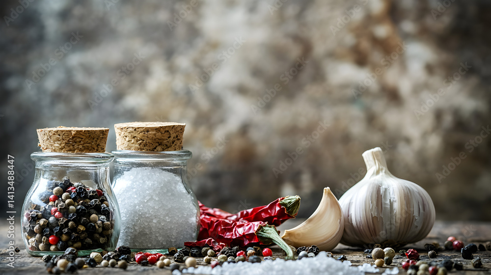 condimentos como sal y pimienta negra y roja con chiles de arbol secos ...