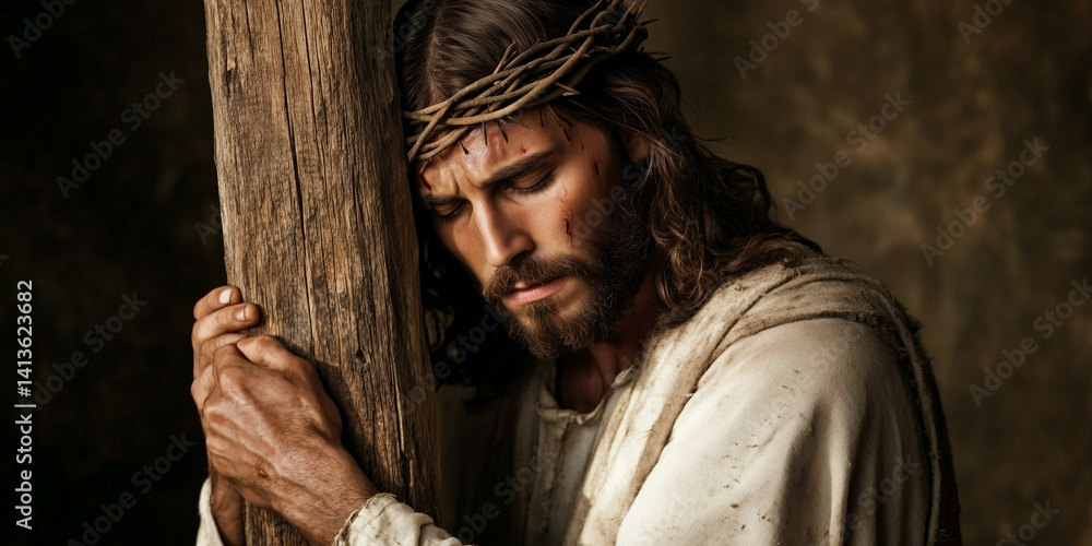 Jesus Christ on the way to Calvary carrying the cross. Passion and ...