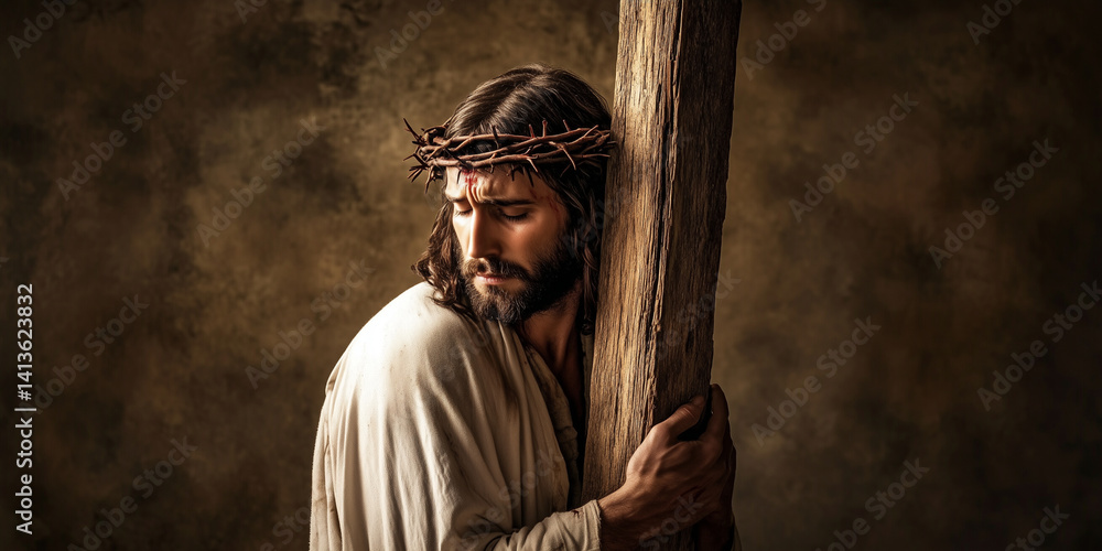 Jesus Christ on the way to Calvary carrying the cross. Passion and ...