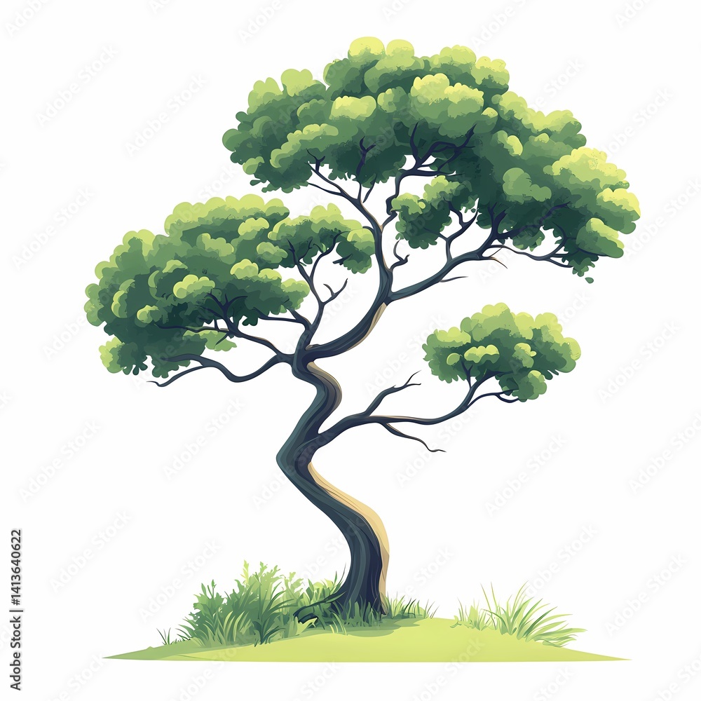 Serene Tree Illustration - Vibrant Spring Nature Artwork with Lush ...
