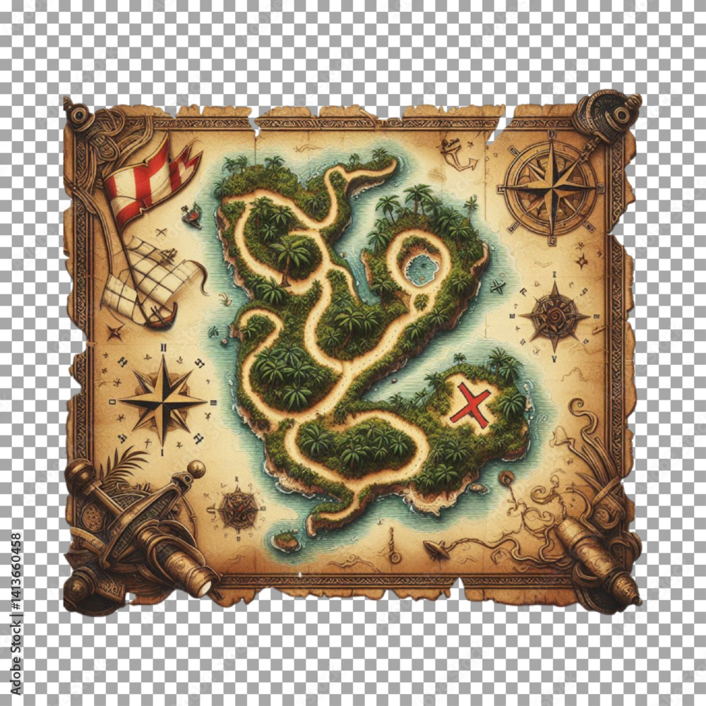 Ancient Treasure Map with Island, Palm Trees, and Nautical Symbols on ...